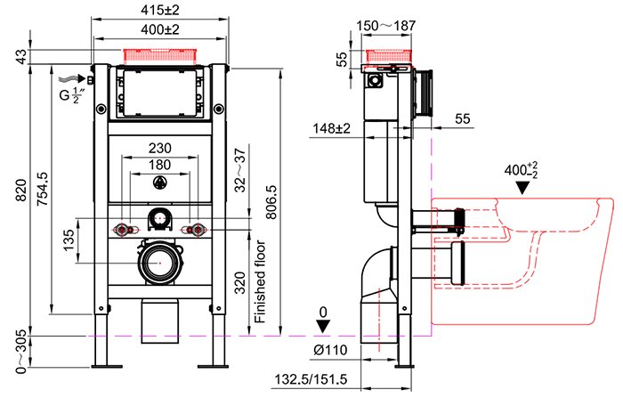 Trafalgar Compact Wall‑Hung Toilet Frame – Top/Front Flush with Dual ...