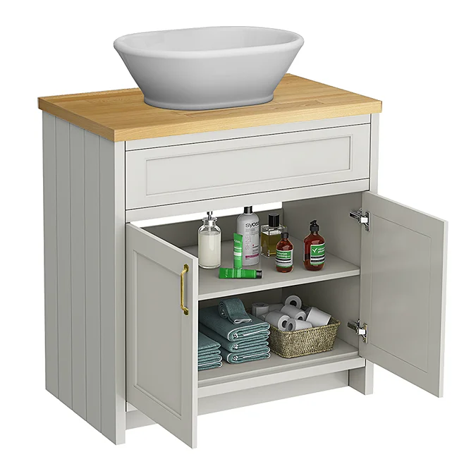 Chatsworth 810mm Grey Countertop Vanity with Beech Worktop, Oval Gloss ...