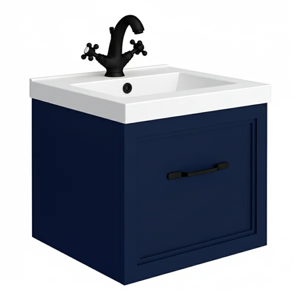 Trafalgar Wall Hung Vanity – Matt Blue – 500mm 1 Drawer with Matt Black ...