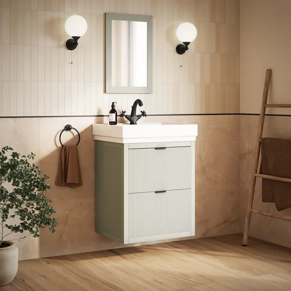 Padstow 610mm Wall Hung Vanity Unit – Satin Grey, Slatted 2-Drawer with ...