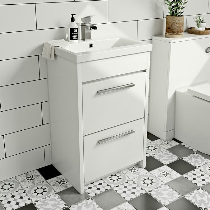Clarity Satin White 510mm Floor Standing Vanity Unit with Ceramic Basin ...